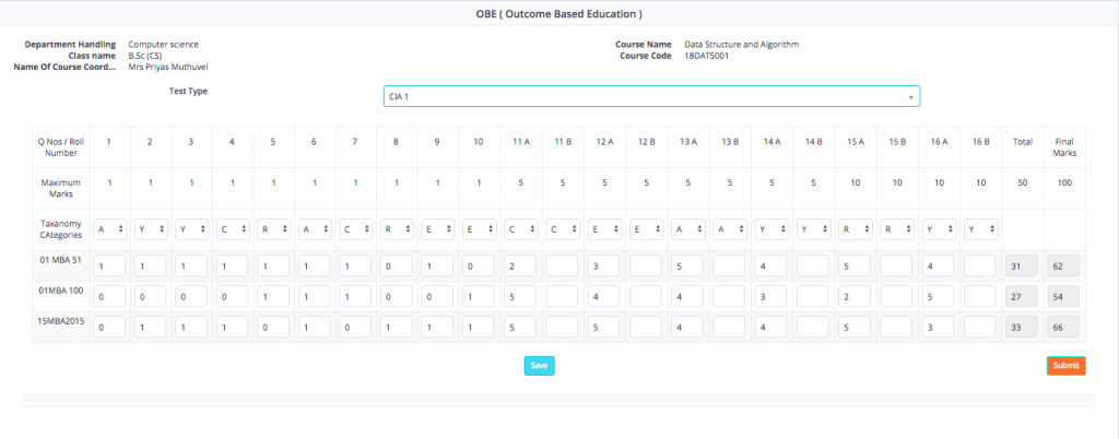 Sample calculation to implement Outcome-Based Education (OBE) model at ...